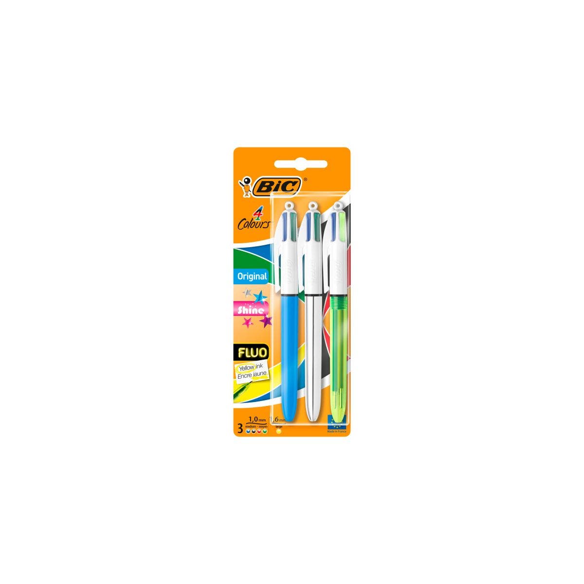 BIC Pack de stylos-bille 4 Couleurs Original, Shine et Fluo - Couleurs Assorties, Pack de 3 BIC