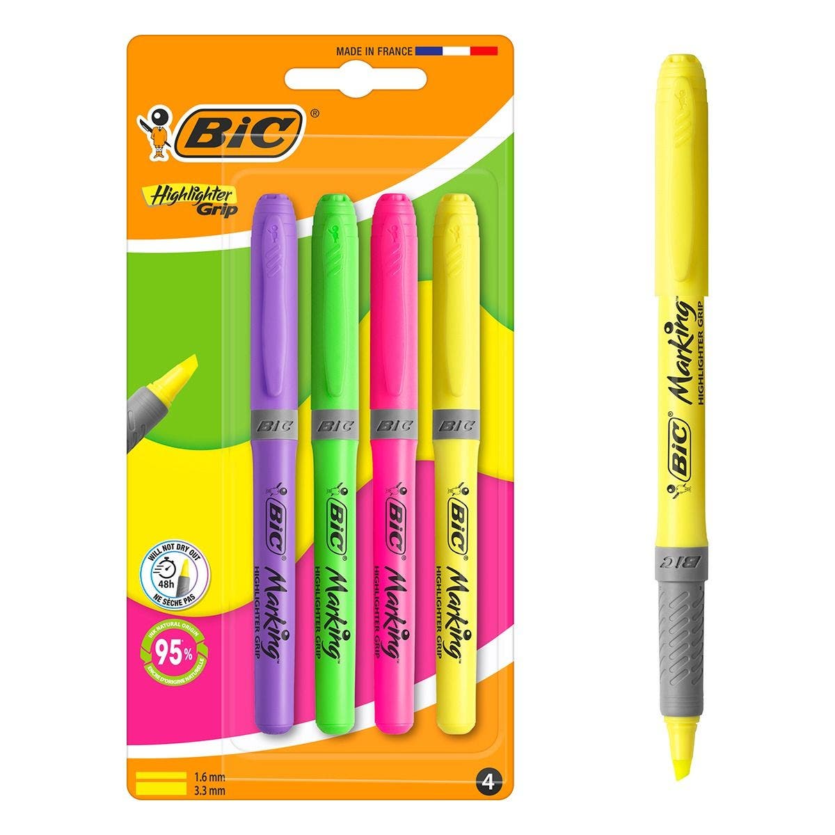 BIC Highlighter Grip Surligneurs Fluo - Blister de 4 BIC