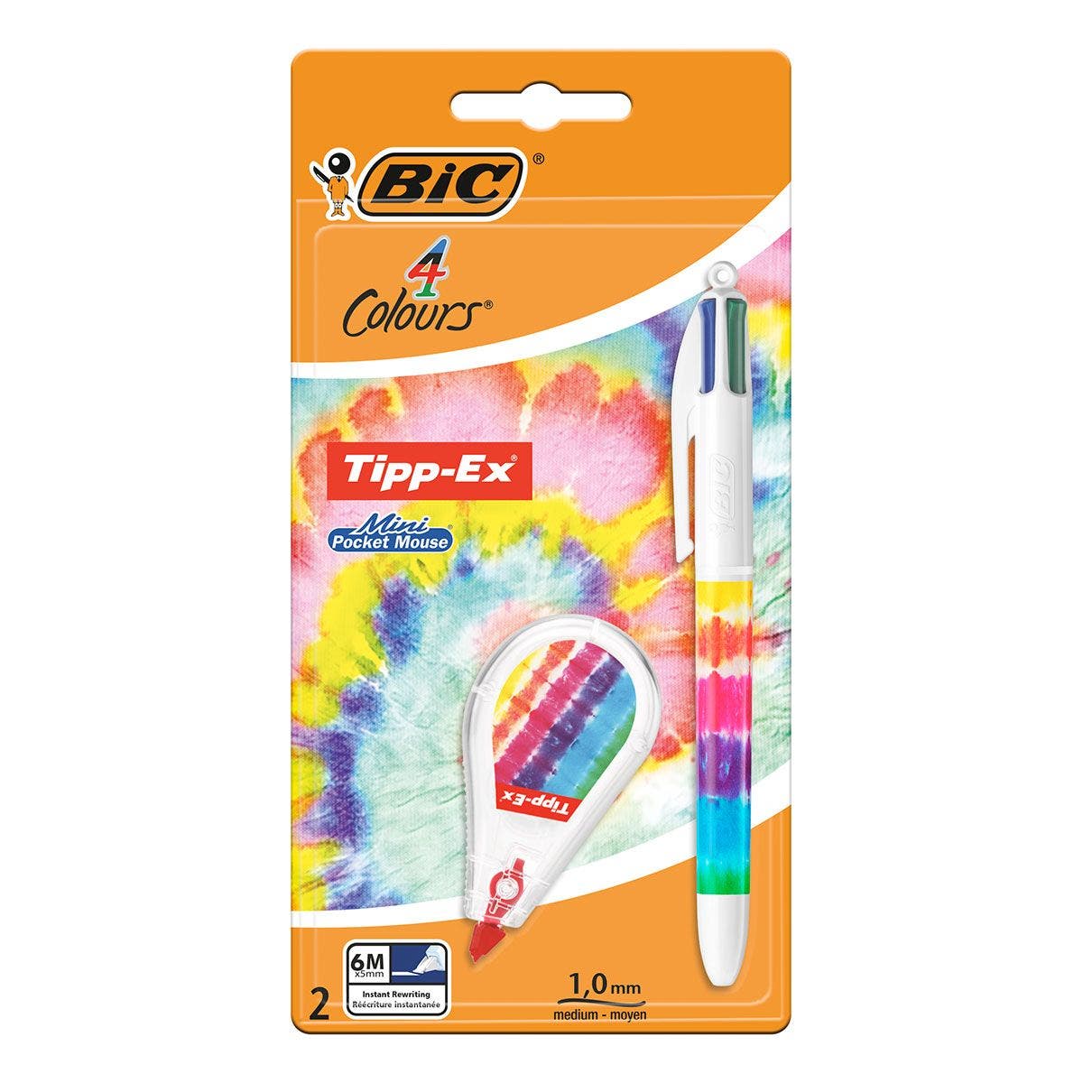 BIC 4 Couleurs Décors Tie & Dye Stylo-bille et correcteur Tipp-Ex Mini Pocket Mouse BIC