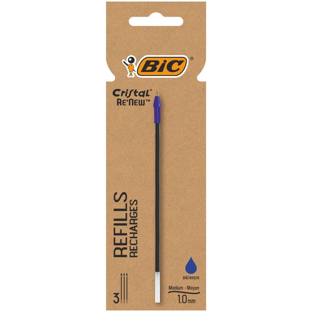 BIC Cristal Re'New - Recharges de Stylo Bleu - Pack de 3 BIC