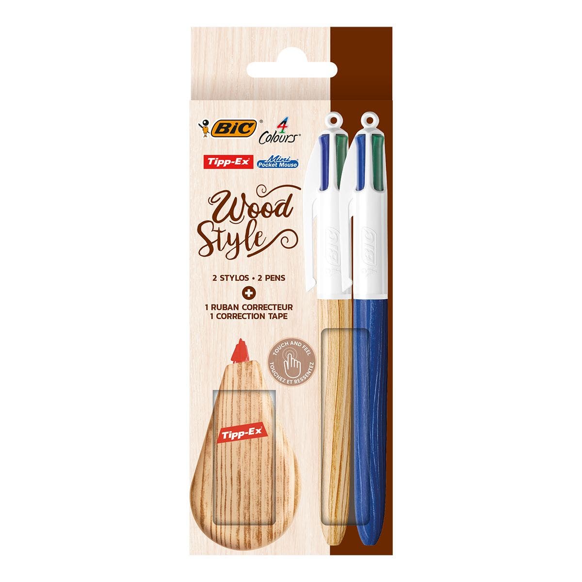 BIC Stylos-Bille 4 Couleurs Wood Style et Tipp-Ex Mini - Lot de 3 BIC