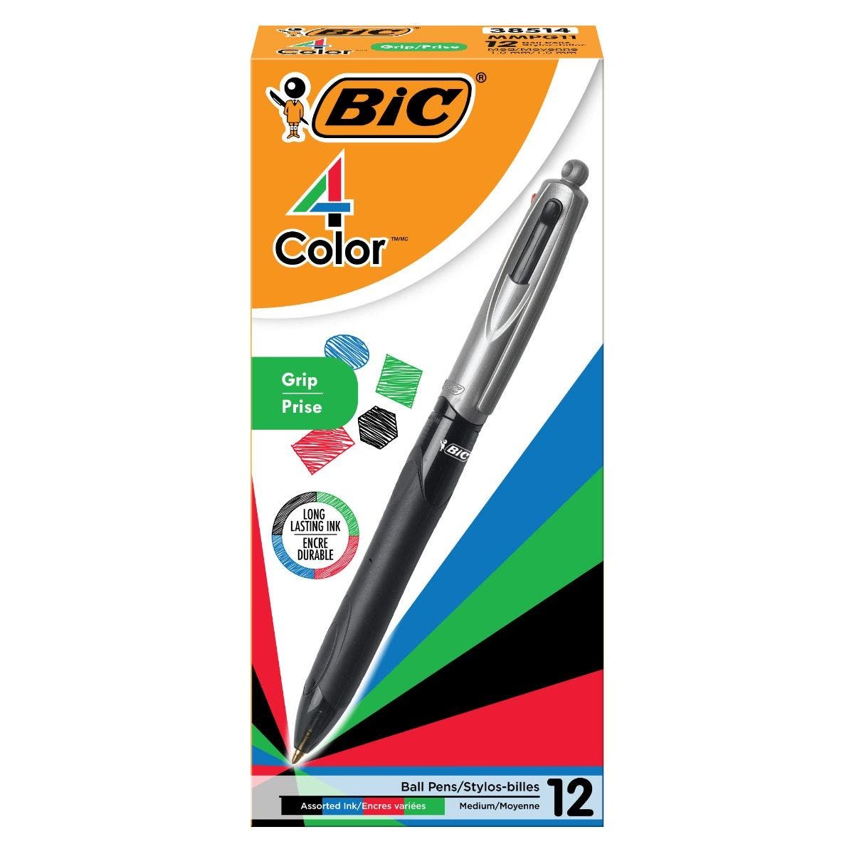 BIC 4-Color Grip Retractable Ball Pens, Medium Point, 12-Count Pack - BIC